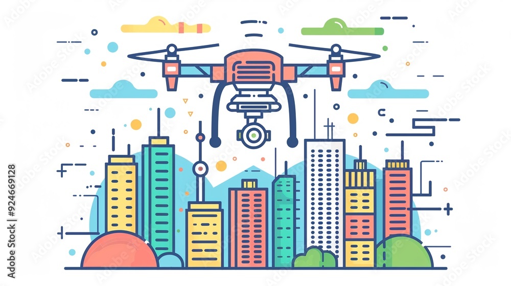 High-tech drone delivery clipart, city skyline, flat vector art, simple ...