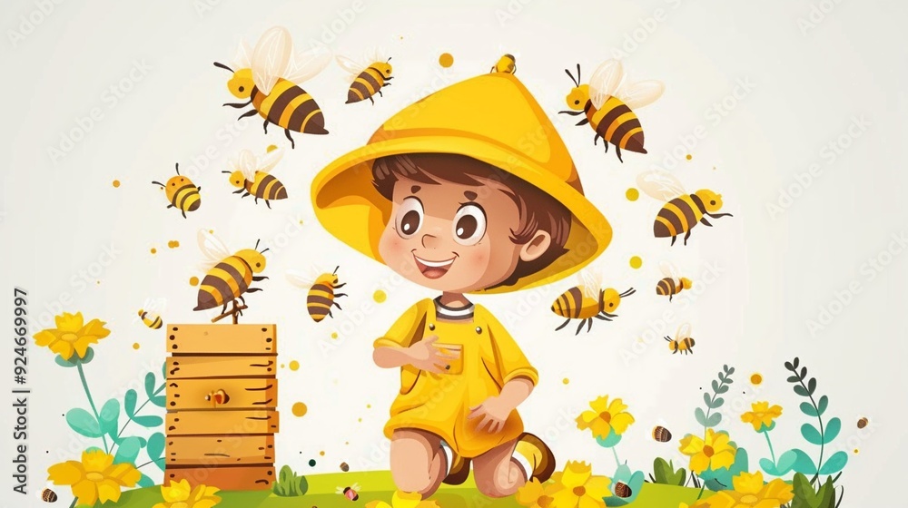 Kid as a beekeeper, surrounded by bees, nature lover, vector logo ...