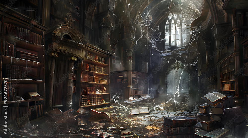 The Forgotten Library: A dilapidated room filled with dusty tomes and ...