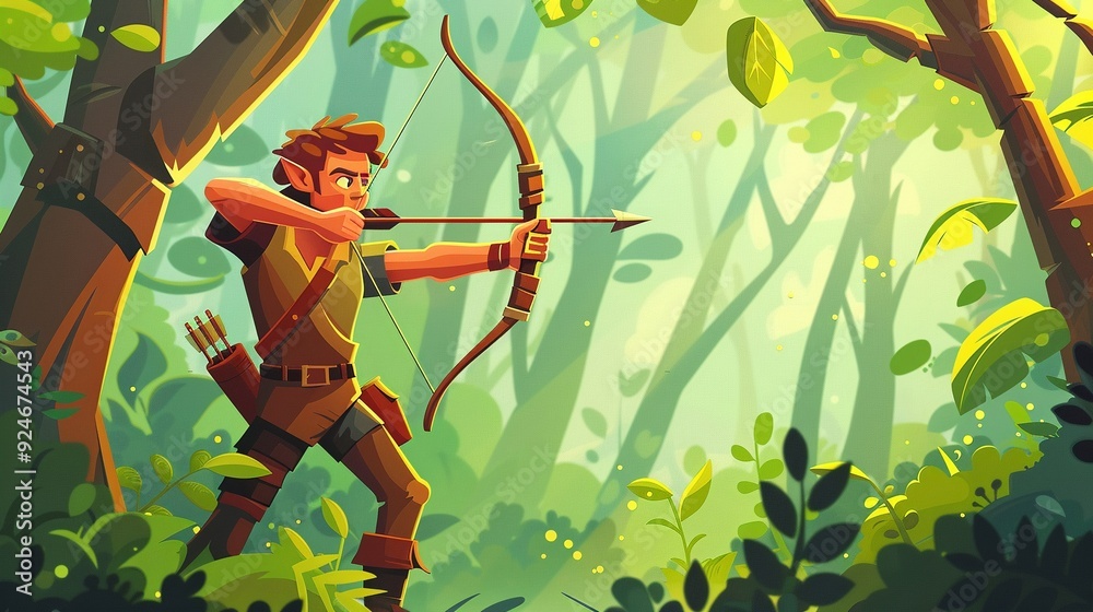 Young archer with a quiver of arrows, forest backdrop, adventure ...