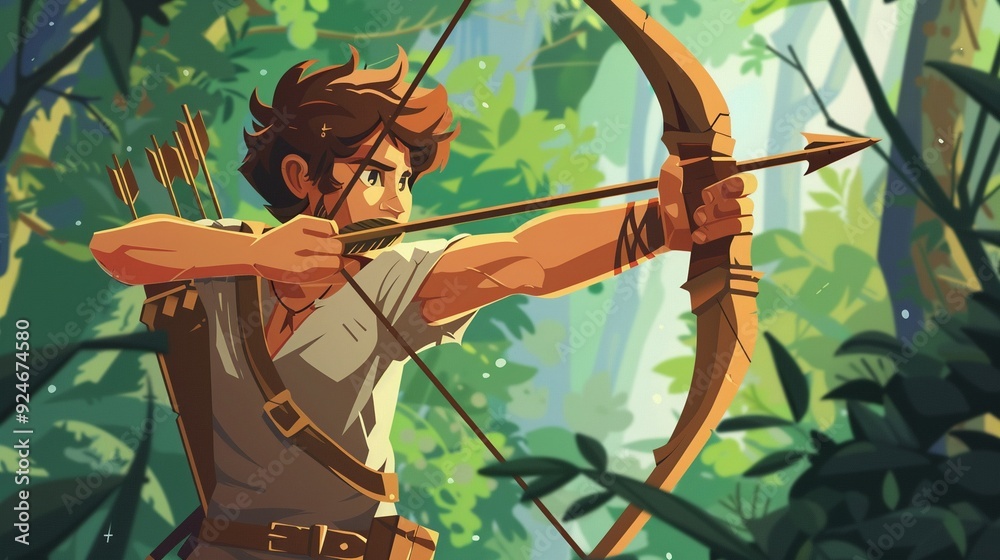 Young archer with a quiver of arrows, forest backdrop, adventure ...