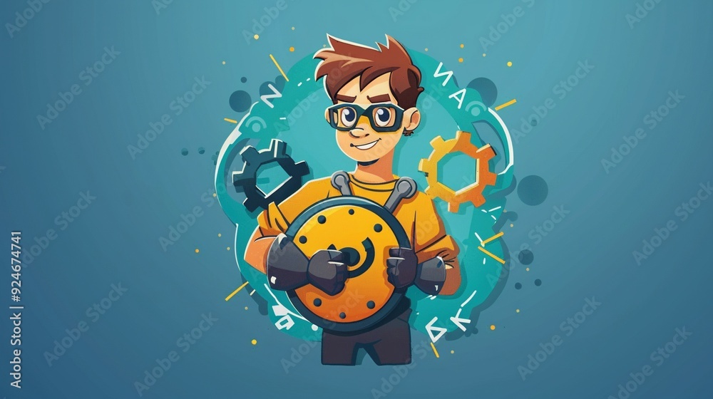 Young inventor with a cogwheel shield, gears and sparks, innovation ...