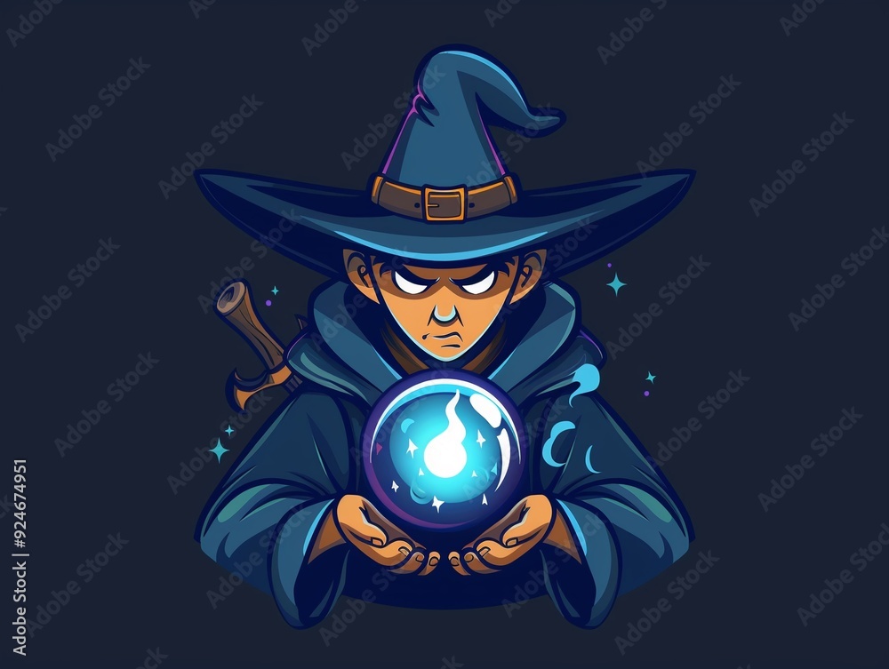 Young wizard with a glowing crystal ball, fantasy magic, vector logo ...
