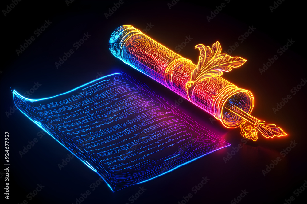 Neon wireframe drawing of a quill pen and parchment scroll isolated on ...