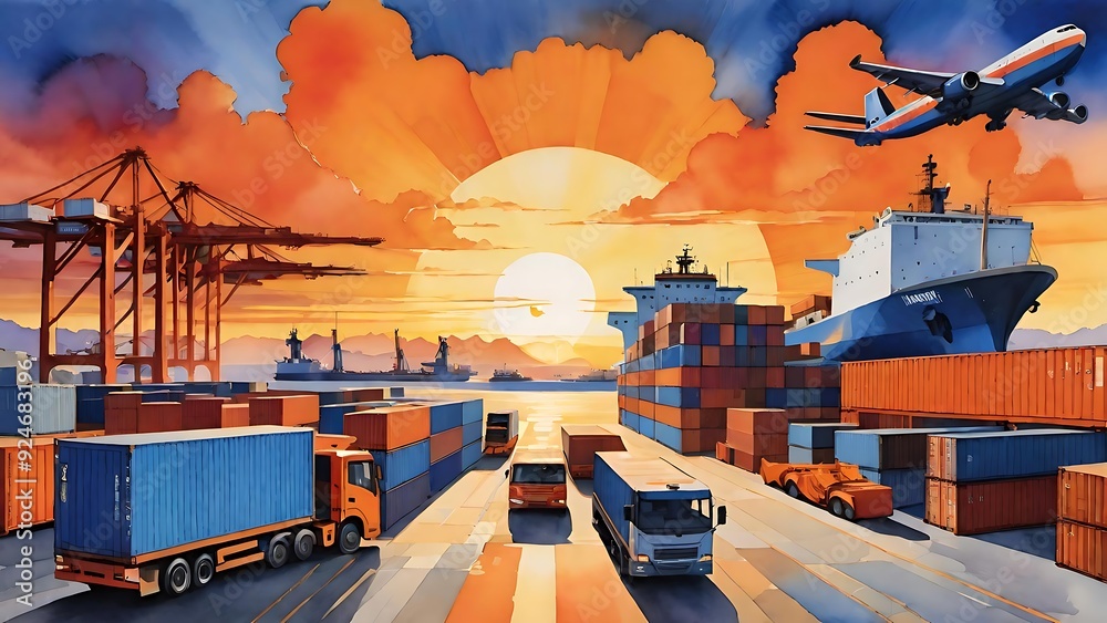Busy transportation hub at sunset featuring a container truck, forklift ...