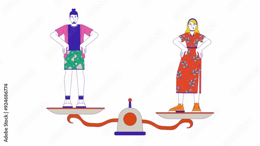 Woman and man balancing on scales line 2D characters animation. Gender ...