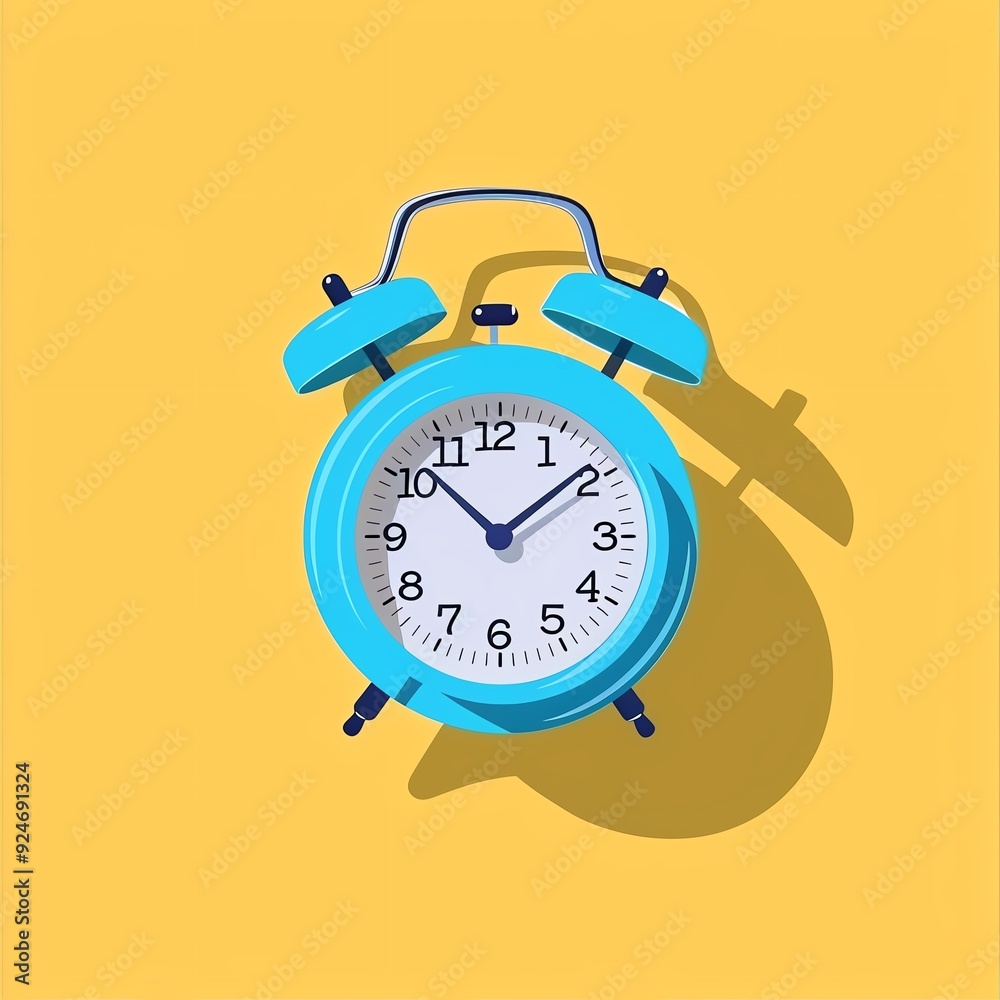 Blue retro alarm clock showing 7 o'clock against yellow background with ...