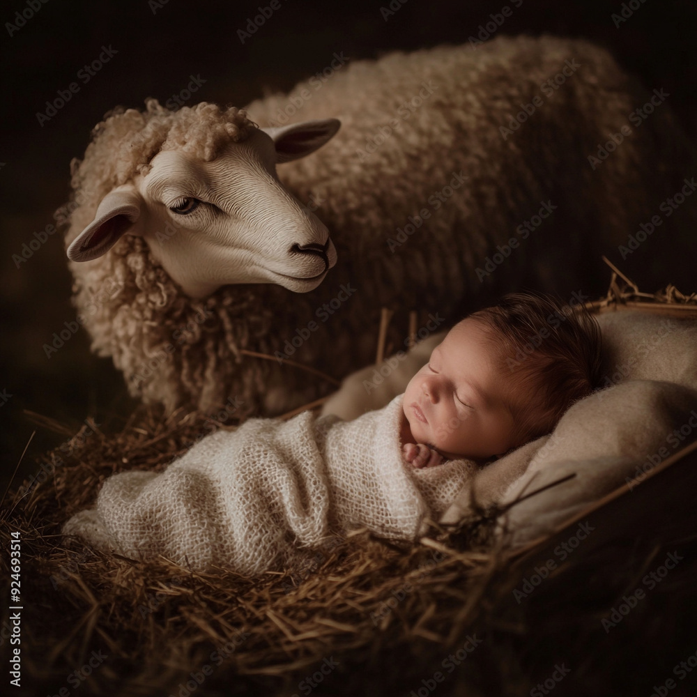Nativity scene: newborn baby jesus christ in manger on hay, lamb nearby ...