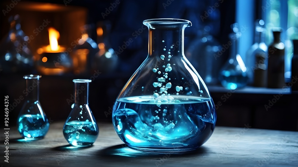 chemistry blue science lab background with flask glass and water in ...