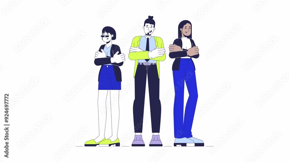 Product managers team line cartoon animation. Teamwork colleagues ...