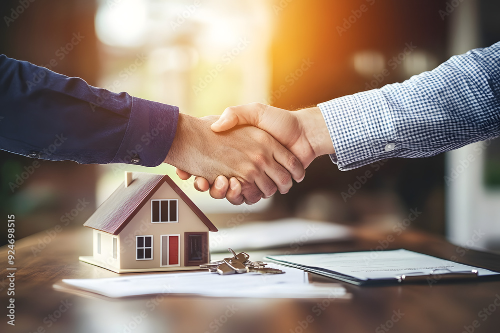 Real Estate Agent and Client Handshake with House Model and Keys, Stock ...