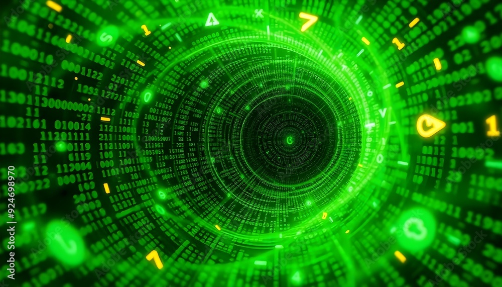 A futuristic matrix background showcasing a swirling vortex of green ...