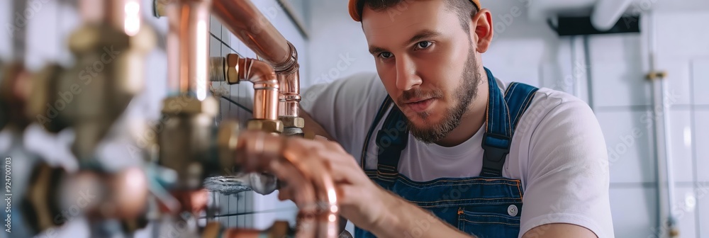A focused plumber in overalls works on a piping system, demonstrating ...