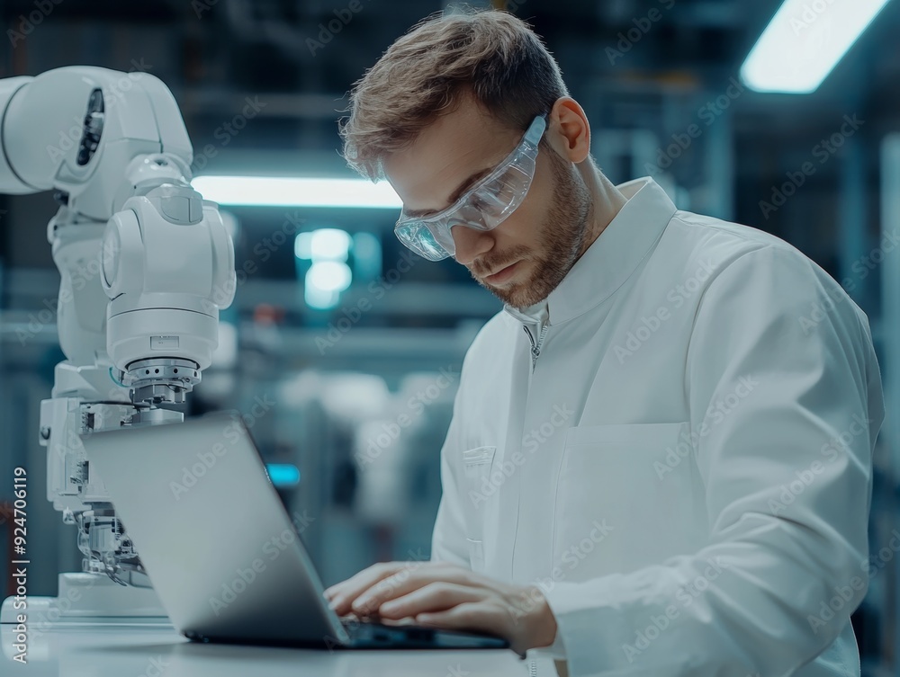 Male engineer operating industrial robot in factory setting with laptop ...