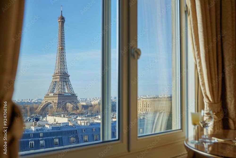 Sunny day eiffel tower view from luxury hotel room window for a ...