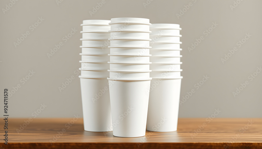 A stack of white paper cups are on a table. The cups are all the same ...