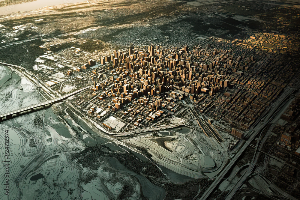 Technical aerial visual, 3D LiDAR GIS aerial map satellite scan model ...