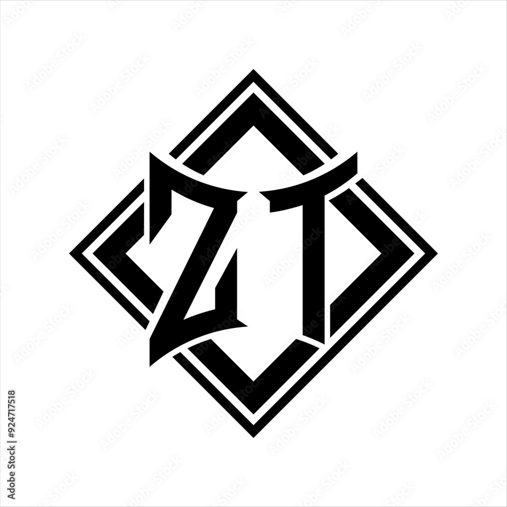 ZT Letter logo with abstract shield shape with square black outline on ...