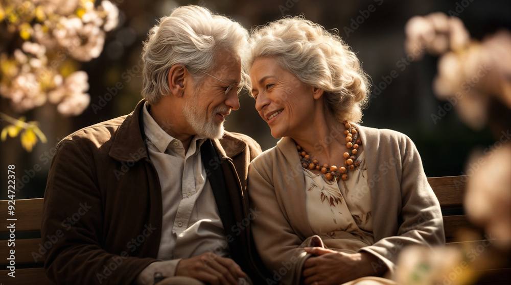 Affectionate senior couple sitting on bench in blooming garden ...