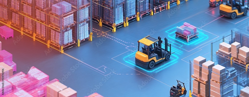 An isometric warehouse with color-coded paths showing the real-time ...