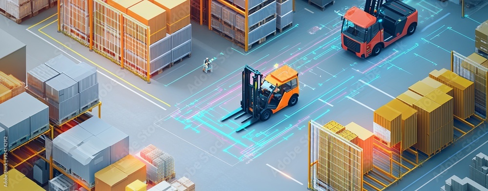 An isometric warehouse with color-coded paths showing the real-time ...