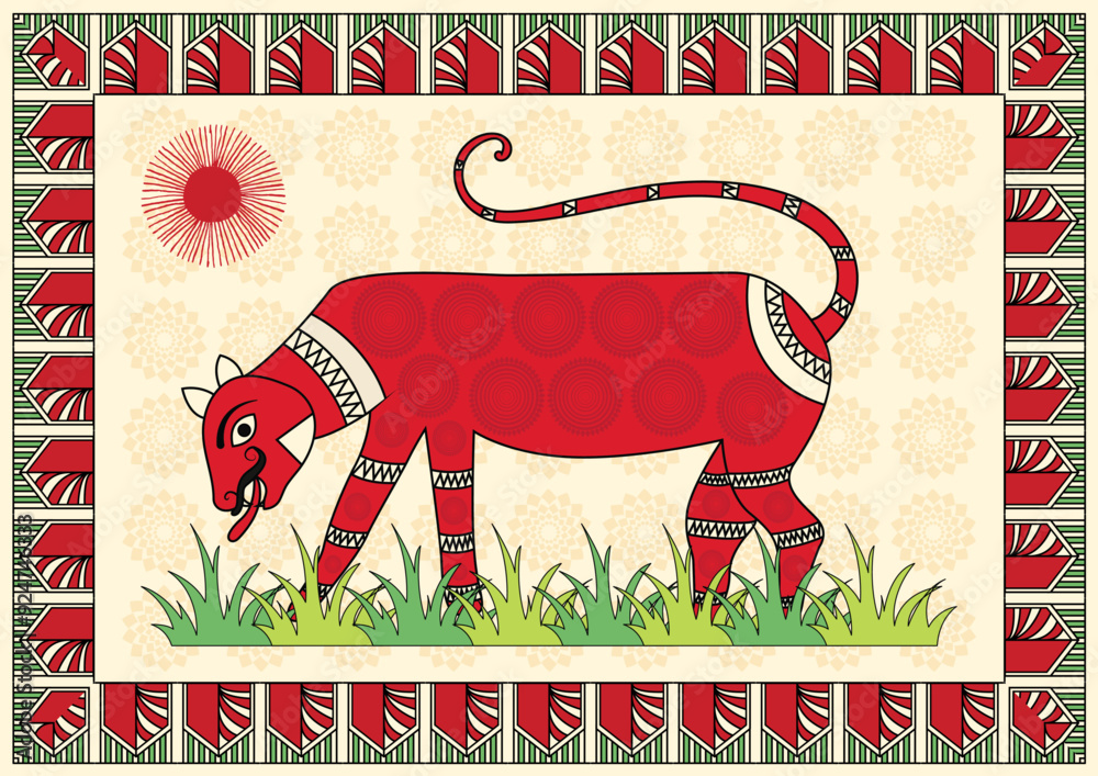 Vetor de Tiger's Prowl: A Dynamic Gond Artwork of a Majestic Tiger ...