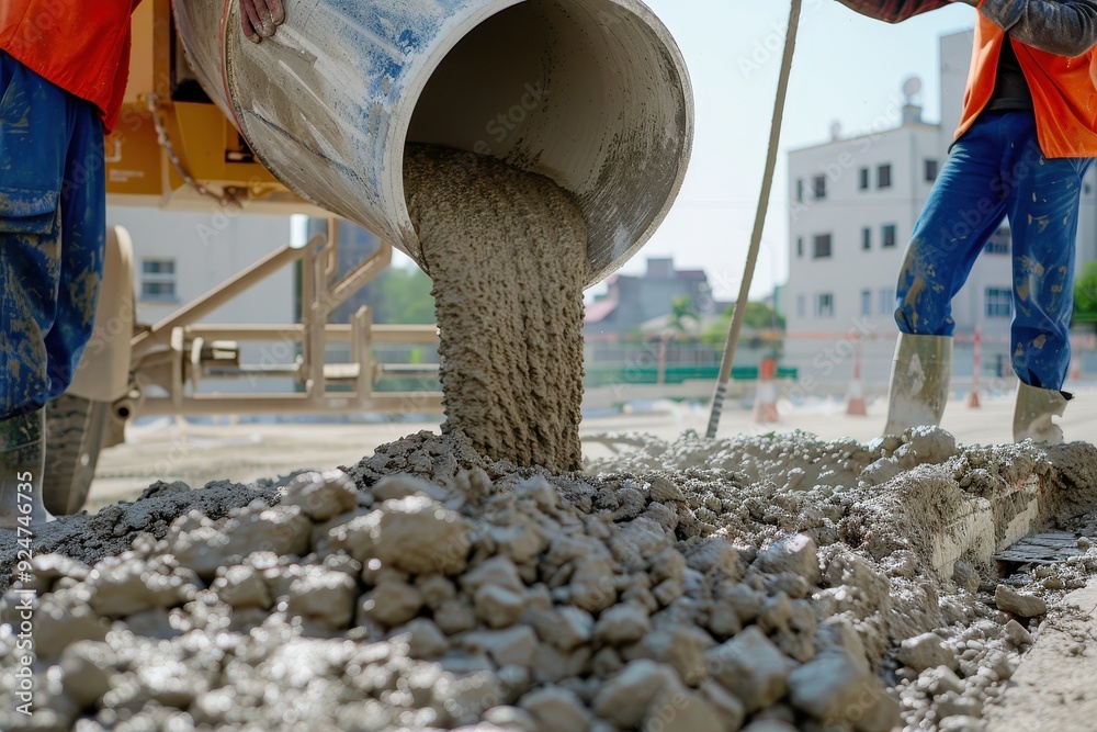 Workers pouring concrete from a mixer at a construction site, focusing ...