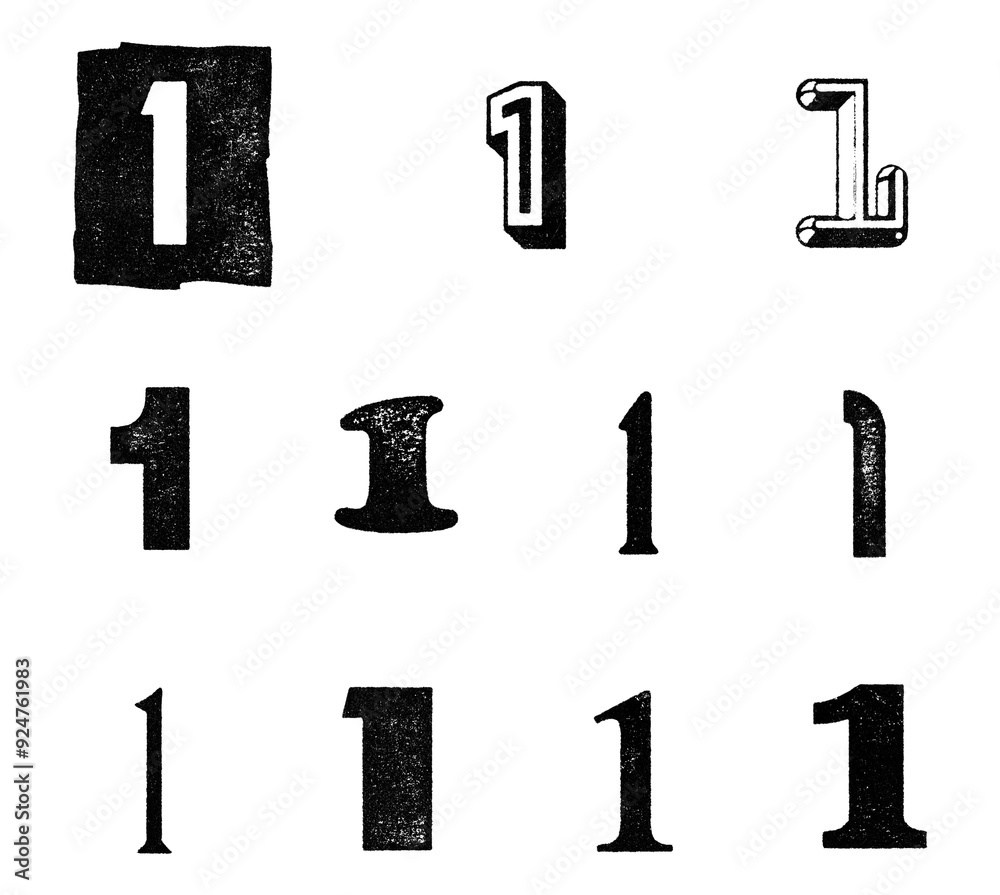 Number 1 typography set of characters in various styles with distressed ...