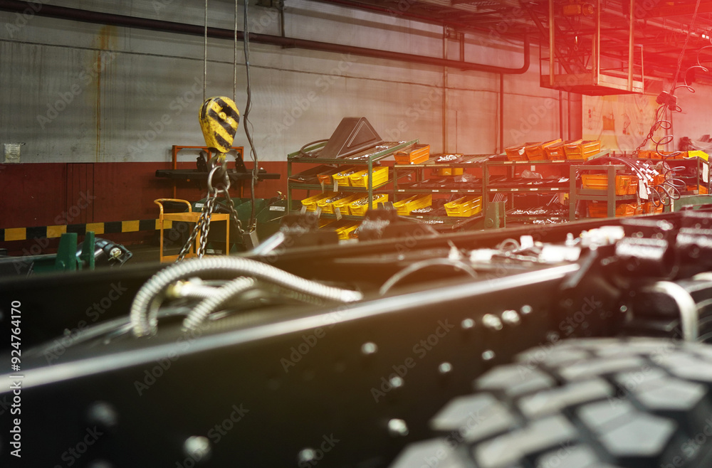 Truck production line. Assembly line. Engine install on frame of Wheel ...