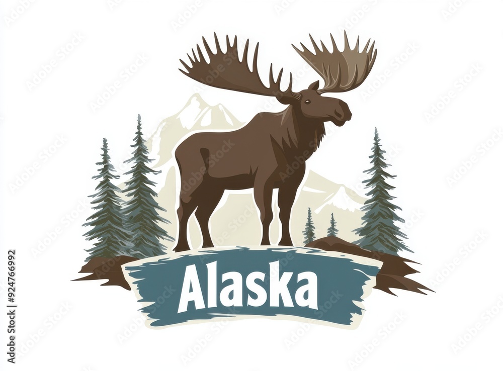 vector logo of moose, mountains and trees with banner that says "Alaska ...