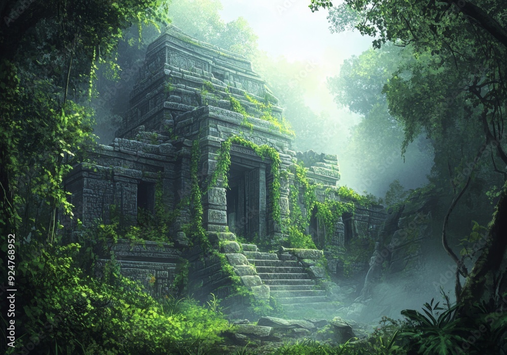 Mystical Ancient Temple: A Shrine Enveloped in Mist and Vines within a ...