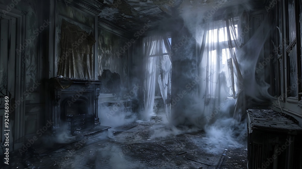 Spooky Haunted House with Ghostly Figures and Tattered Curtains ...