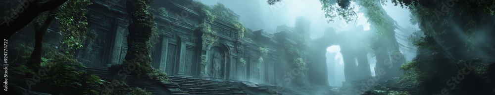 Mystical Ancient Temple: A Shrine Enveloped in Mist and Vines within a ...