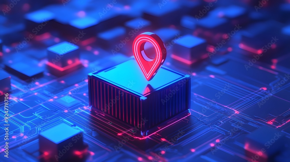3D illustration of a digital map with a glowing location pin marker on ...