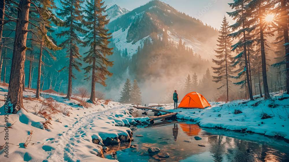 Solo tourist hiking on snowy trail. Moring sunlight, riverside ...