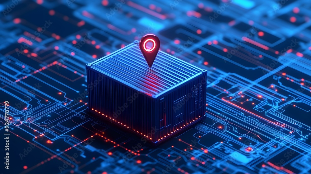3D illustration of a digital map with a shipping container highlighted ...