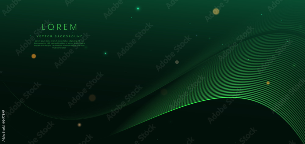 Luxury green background with curved glowing green lines lighting effect ...