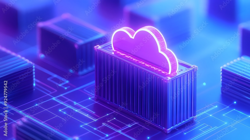 3D illustration of futuristic cloud computing concept with neon cloud ...