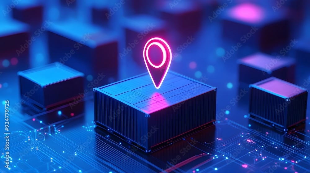3D illustration of location pin marking a shipping container in a ...