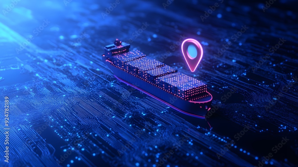 Abstract 3D render of a cargo ship with a GPS location pin indicating ...