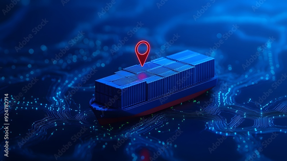 Blue container ship with a GPS pin on top, navigating through a digital ...