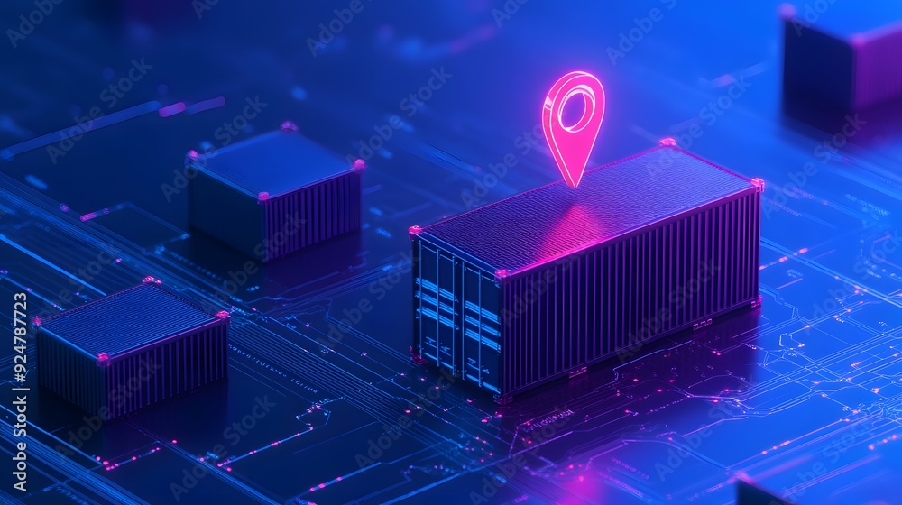 Digital representation of global logistics with a GPS pinpoint on cargo containers in a high ...