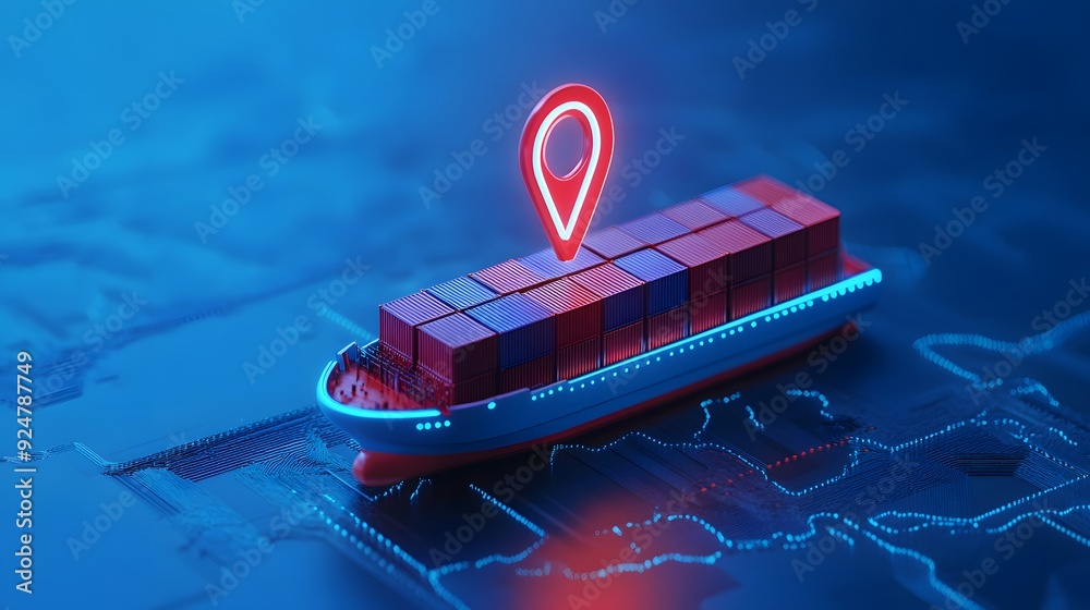 Digital representation of global shipping logistics with a cargo ship ...