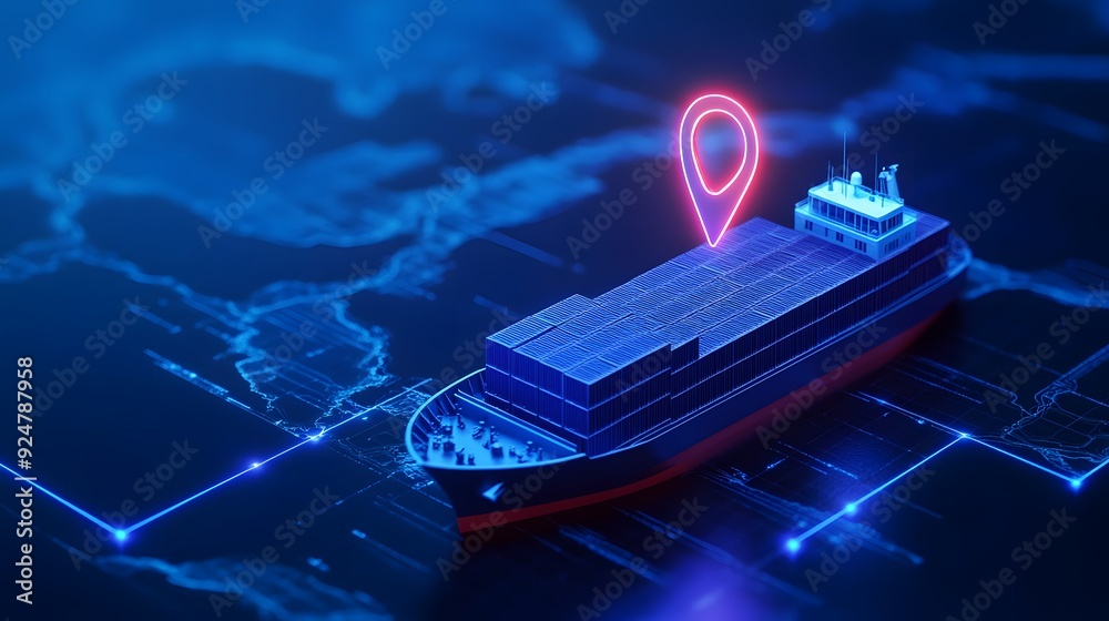 Digital representation of maritime cargo tracking with a ship on a ...