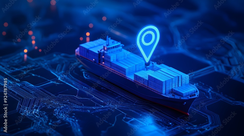 Digital representation of navigation and shipping with a container ship ...