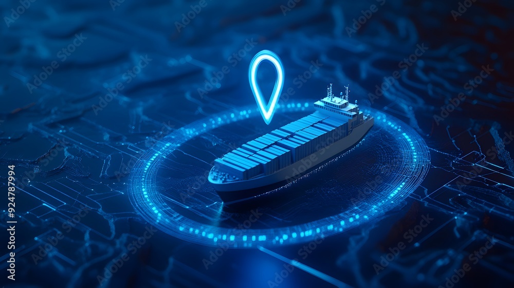 Digital representation of ship navigation and logistics with a glowing ...