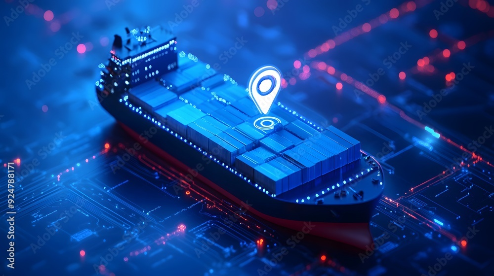 Digital visualization of cargo ship with GPS tracking, showcasing ...