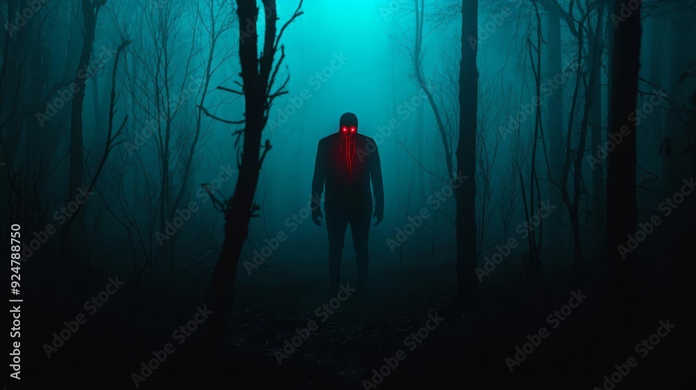 Vampire with glowing red eyes and elongated fangs, emerging from dense ...