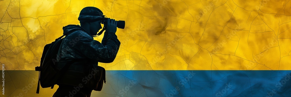 A soldier looks through binoculars against a vibrant blue and golden ...