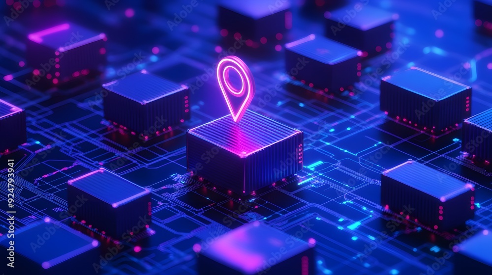 Futuristic digital landscape with glowing waypoint marker on electronic ...